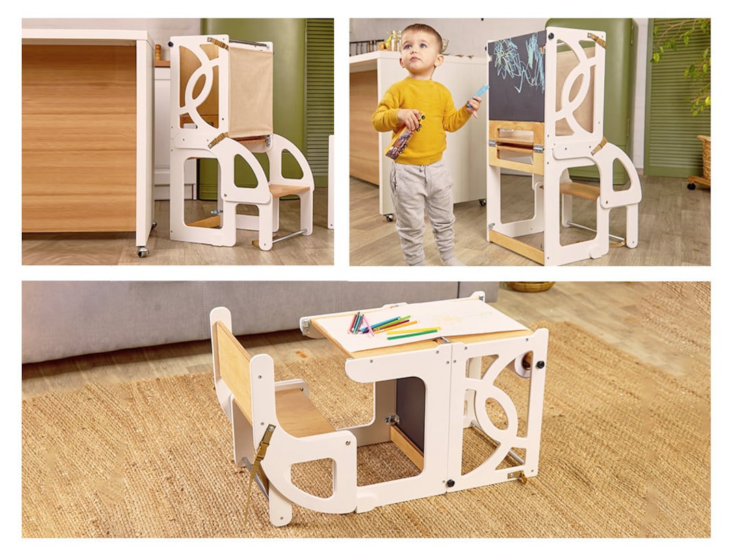 Toddler Kitchen Tower Table, Transformable Learning Helper, Step Stool ...