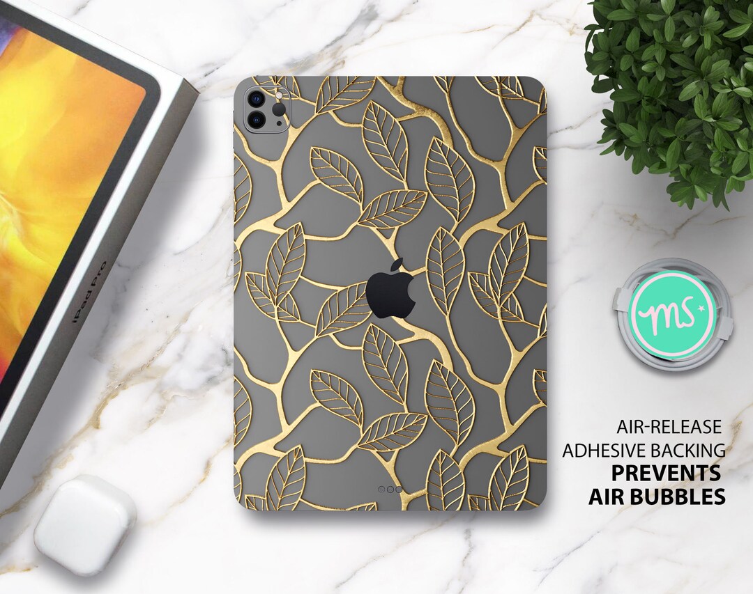 Gold Leaves Pattern on Gray Background iPad Skin Premium 3M Skin for ...