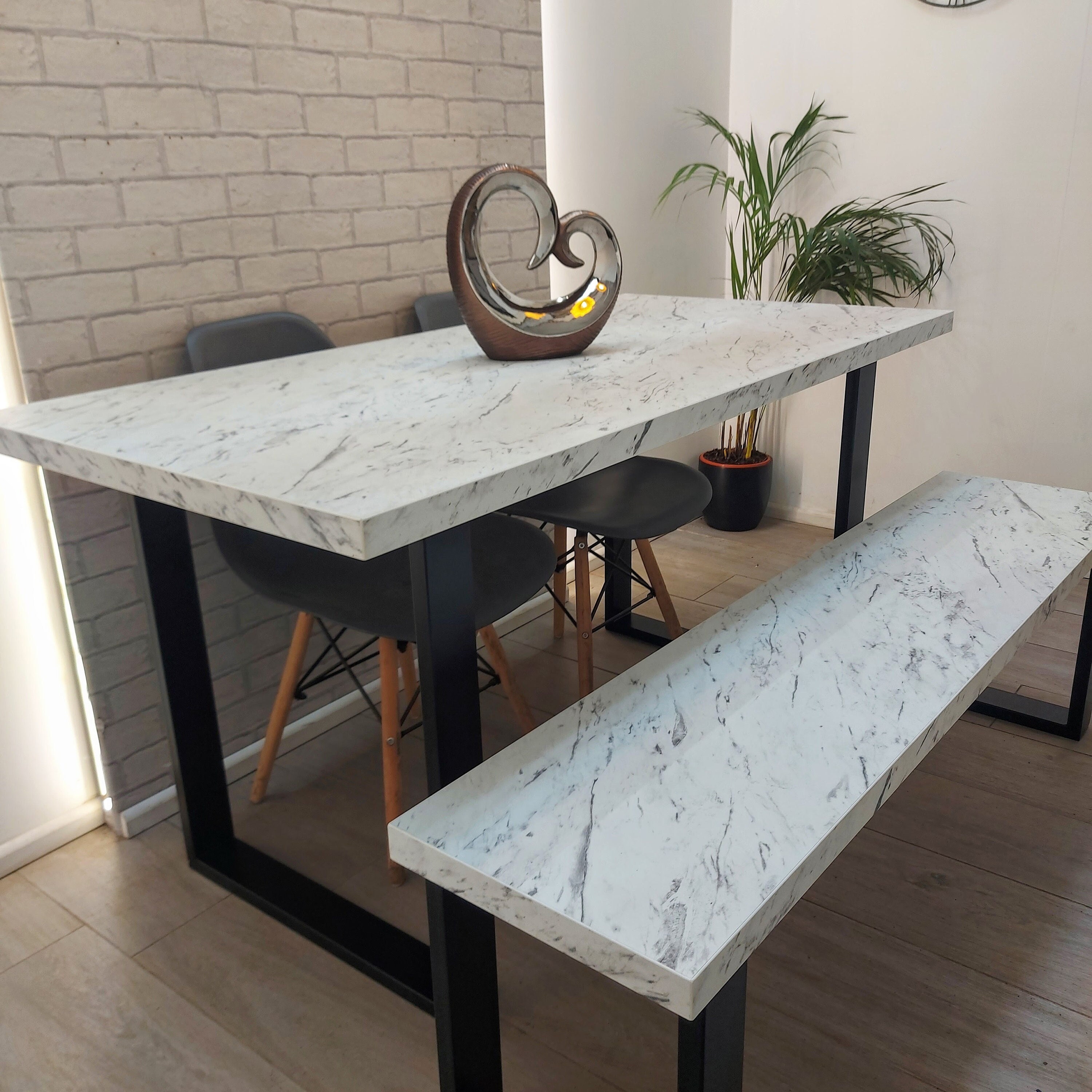 Marble Effect Modern Dining Table With Square Frame Legs in High Quality Laminate Finish and Optional Bench Elsecar Style Etsy