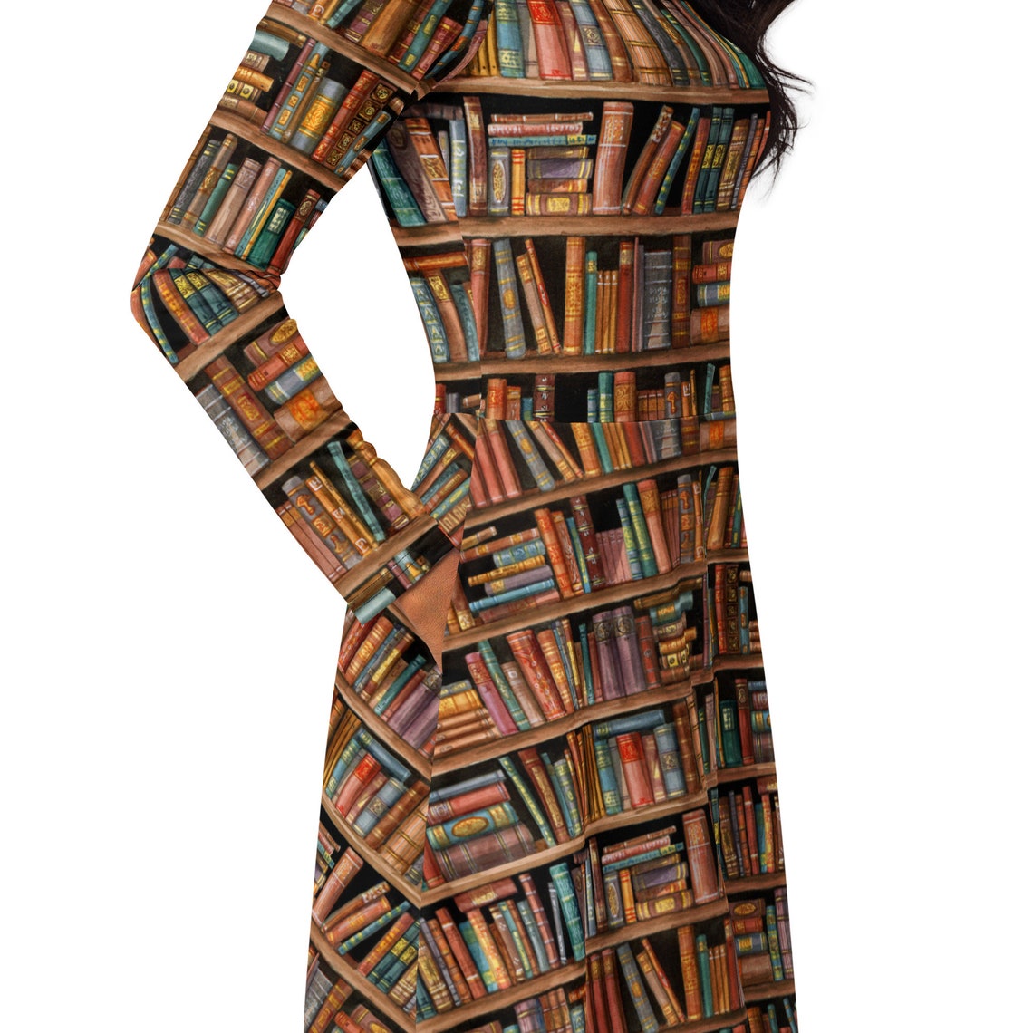 Book Dress With POCKETS, Long Sleeve All Over Print Dress, Book Shelf ...
