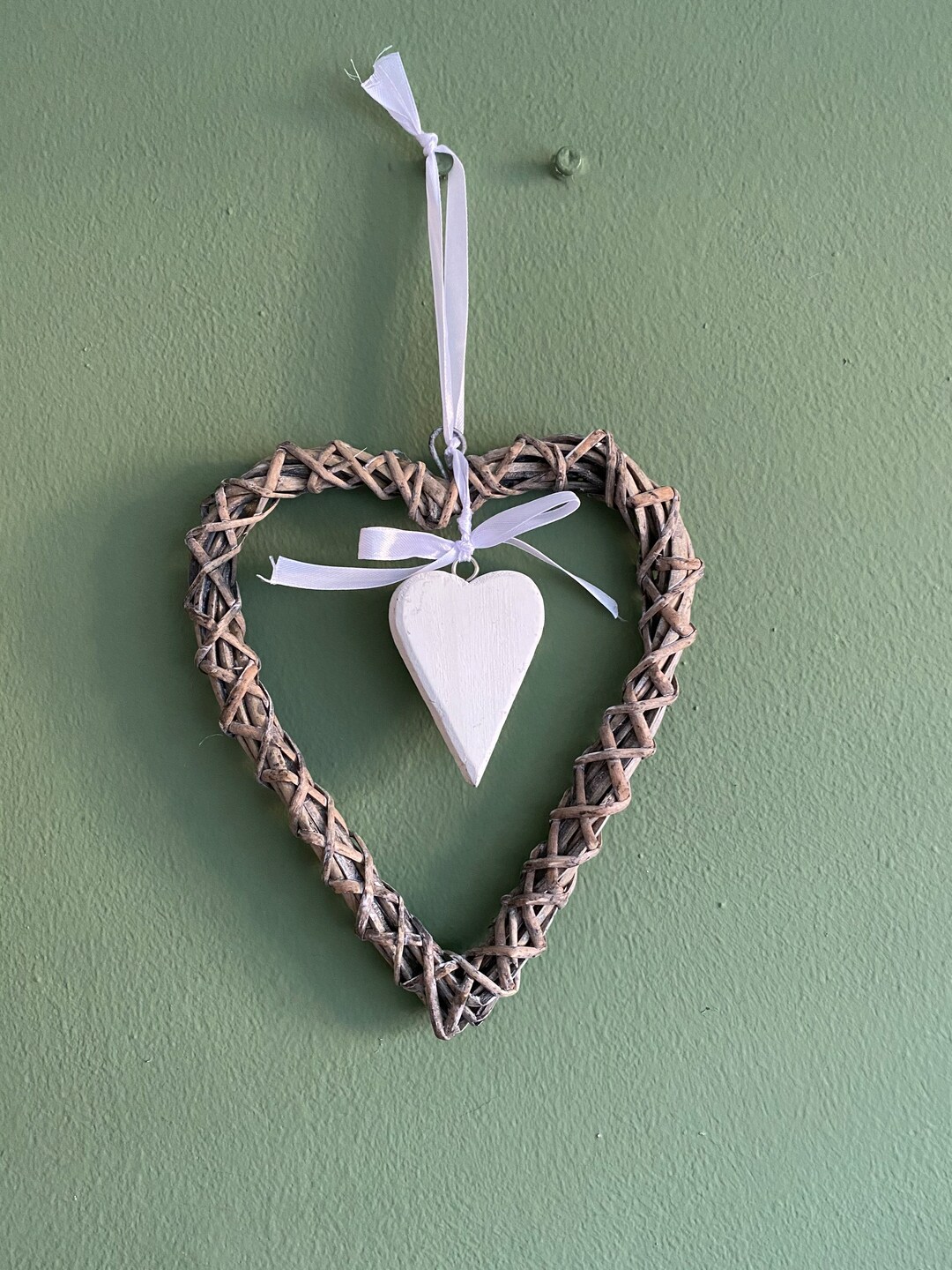 Wicker Hanging Heart With White Wood Pendulum and White Ribbon. Ideal ...