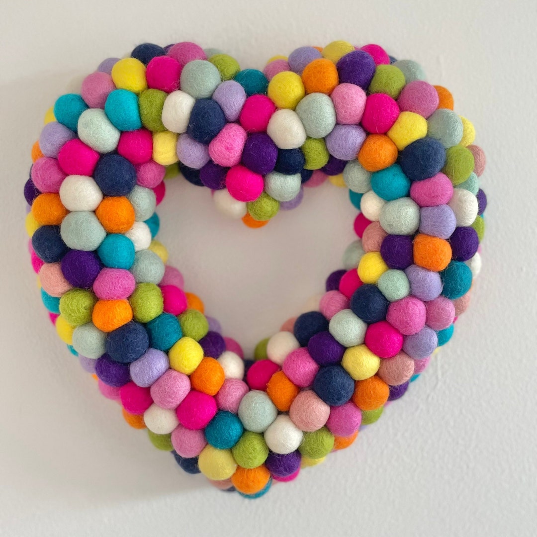 Heart Shape Wreath Large 33cm or 45cm Felt Balls, Reusable Love Wreath ...