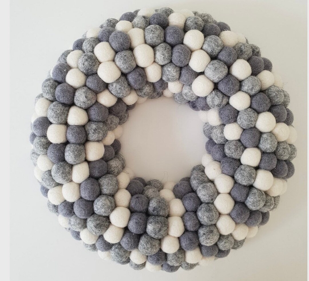 Grey & White Wool Wreath. Felt Ball Wreath Made With Hand Spun Felt ...