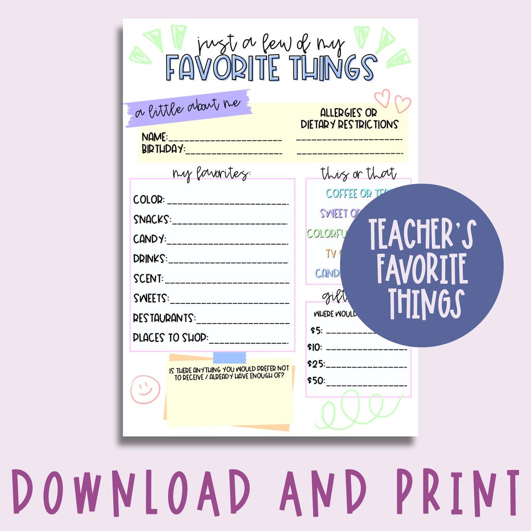 Teacher’s Favorite Things Printable | Digital Download | Teacher ...