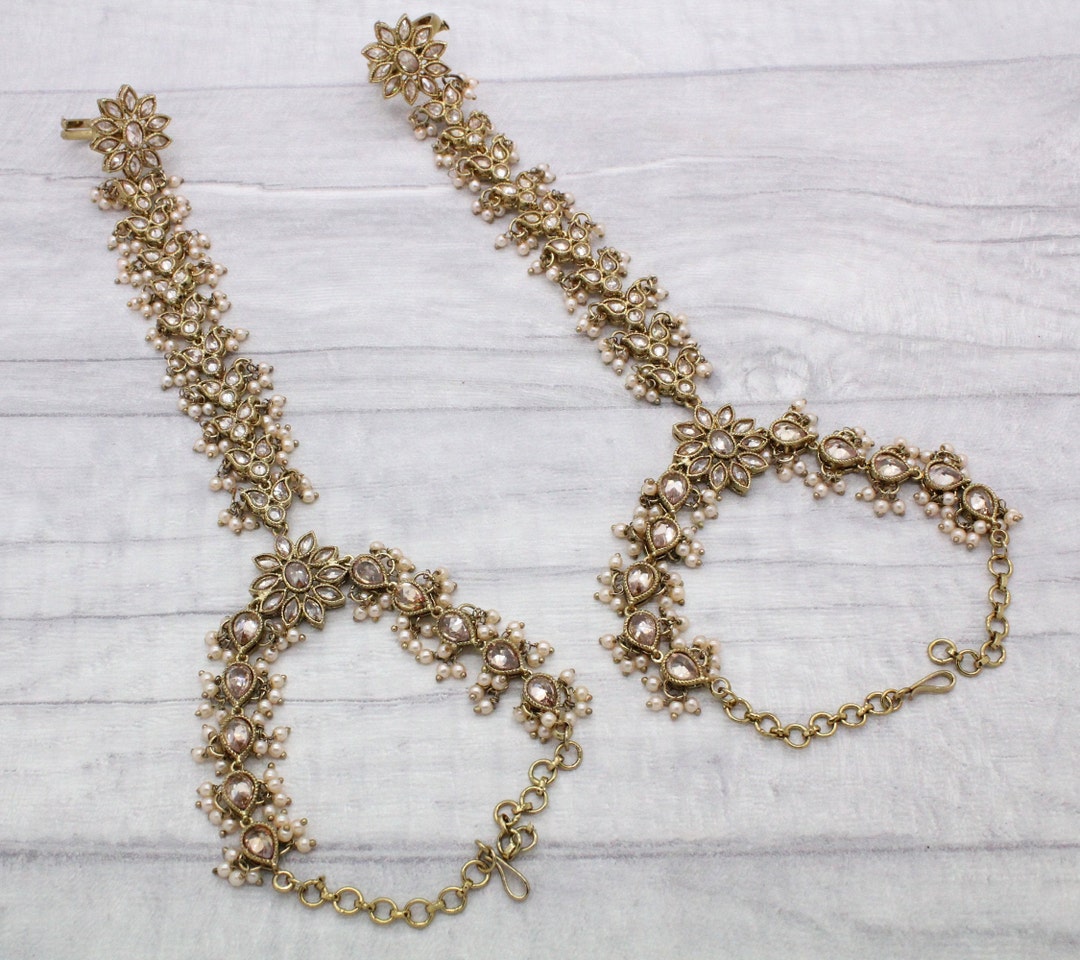 Pair of Antique Gold Indian Asian Hand Pieces Panja Bracelet Hath Phool ...