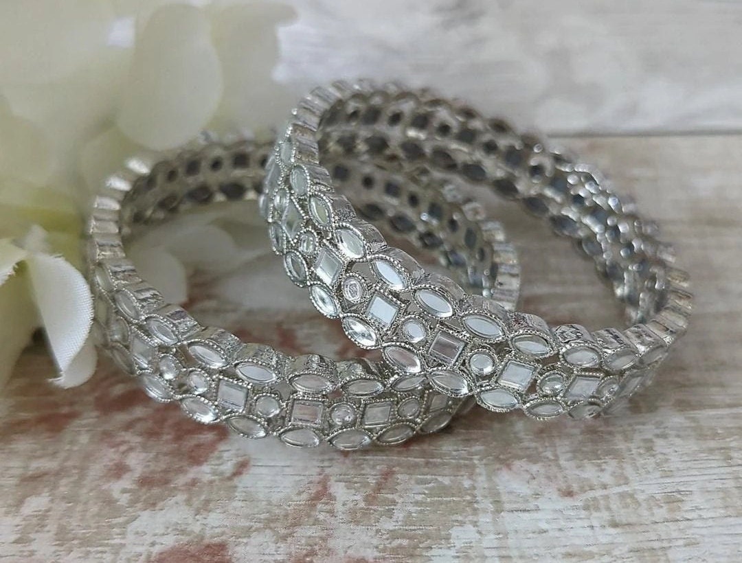 Pair of Full Silver Mirror Stone Indian Asian Bangles Churiya Bangle ...