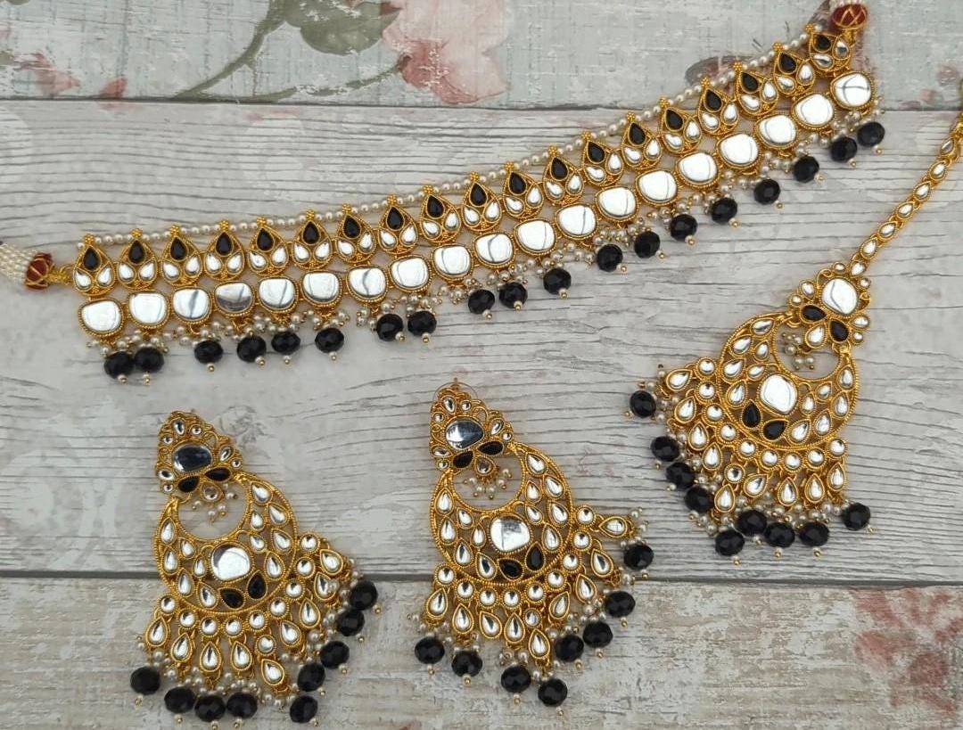 Black Gold Silver Kundan Style Indian Necklace Jewellery Jewelry Set ...