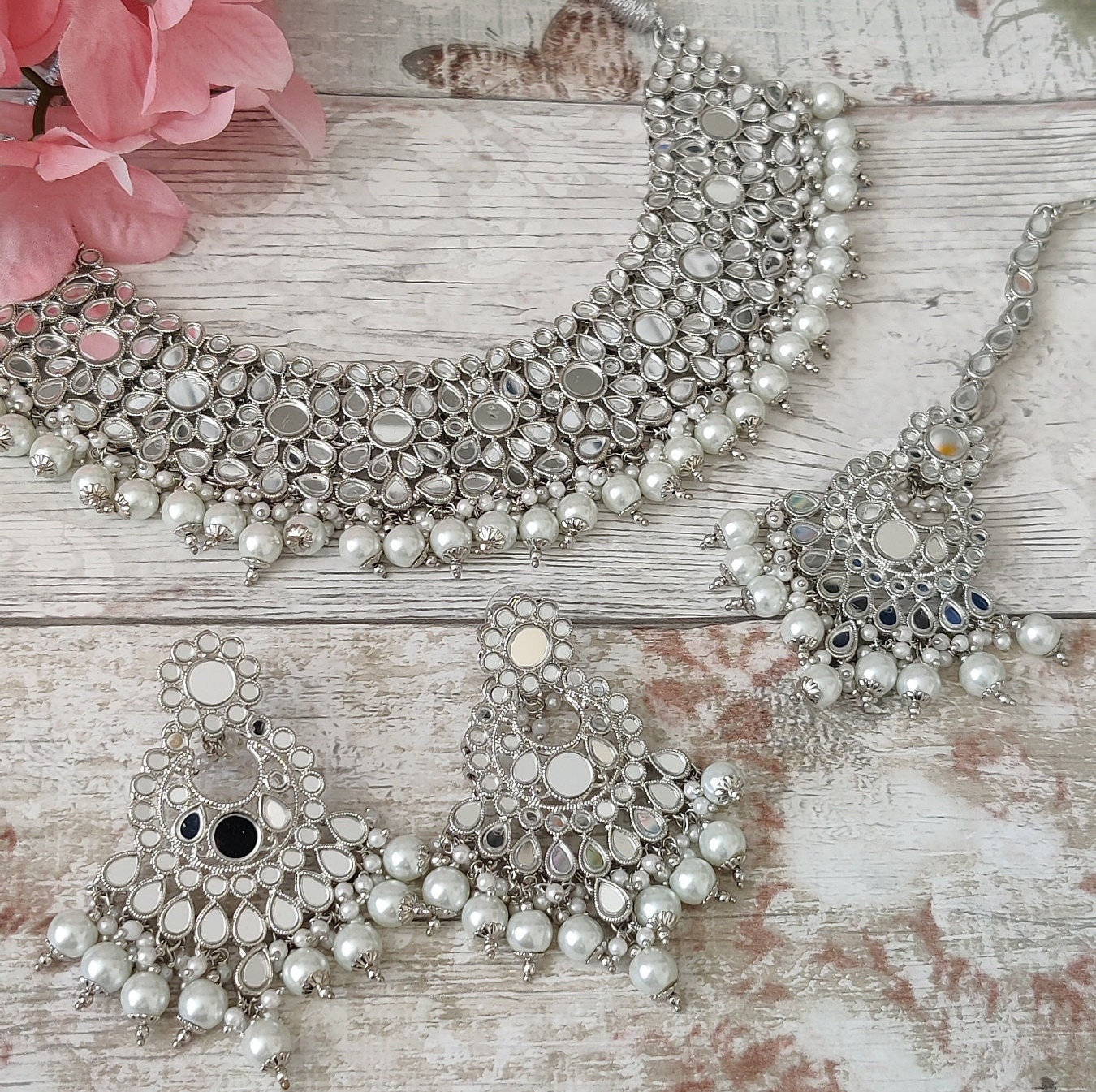 Full Silver Mirror Stone Necklace Set With Earrings & Tikka Full Silver Mirror Stone Necklace Set With Earrings & Tikka