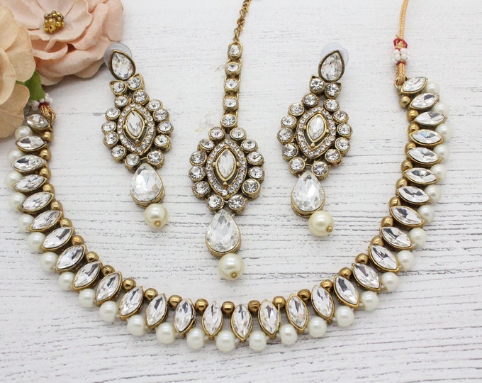 Simple Gold Silver Stone Flexible Indian Necklace Jewellery Jewelry Set ...