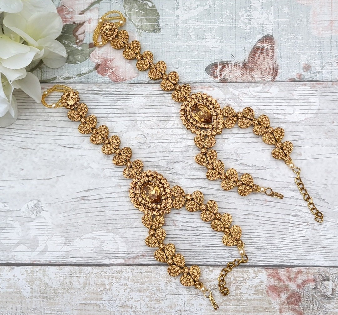 Pair of Antique Gold Full Stone Statement Indian Asian Hand Pieces Hand ...