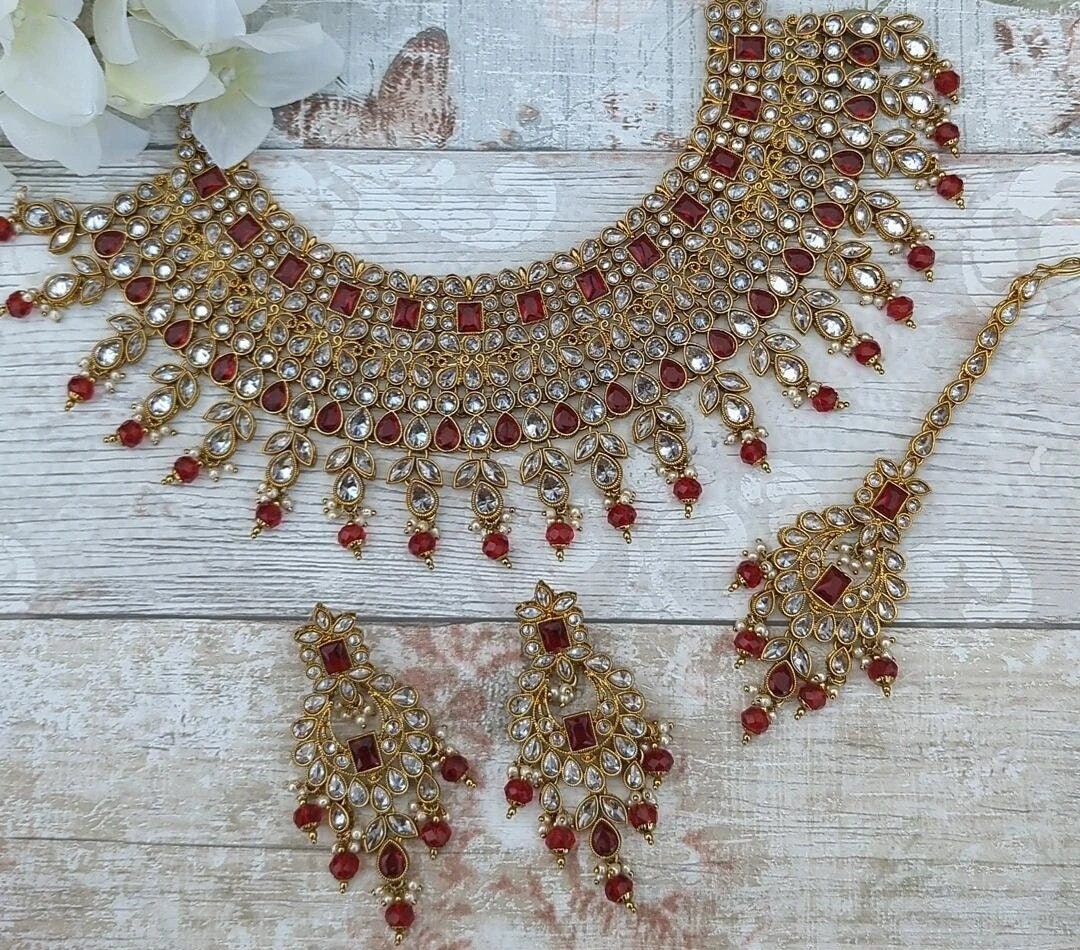 Maroon Gold Silver Statement Indian Asian Bridal Necklace Jewellery ...