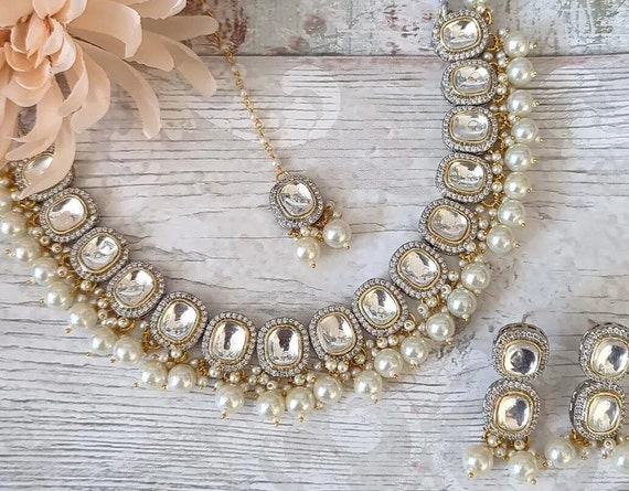 Gold Silver Foil Kundan Pearl Flexible Choker or Necklace Jewellery Set Bridal Wedding Party