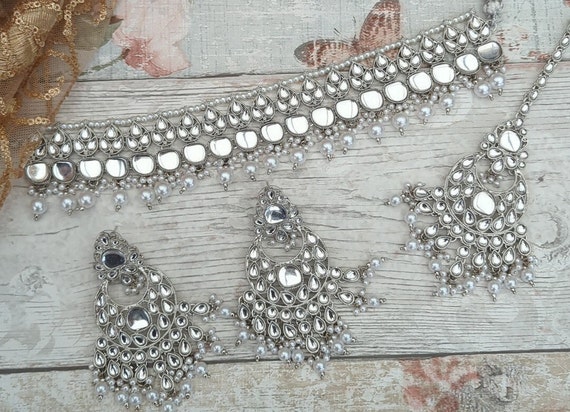 Full Silver Kundan Style Indian Necklace Jewellery Jewelry Set Bridal Wedding