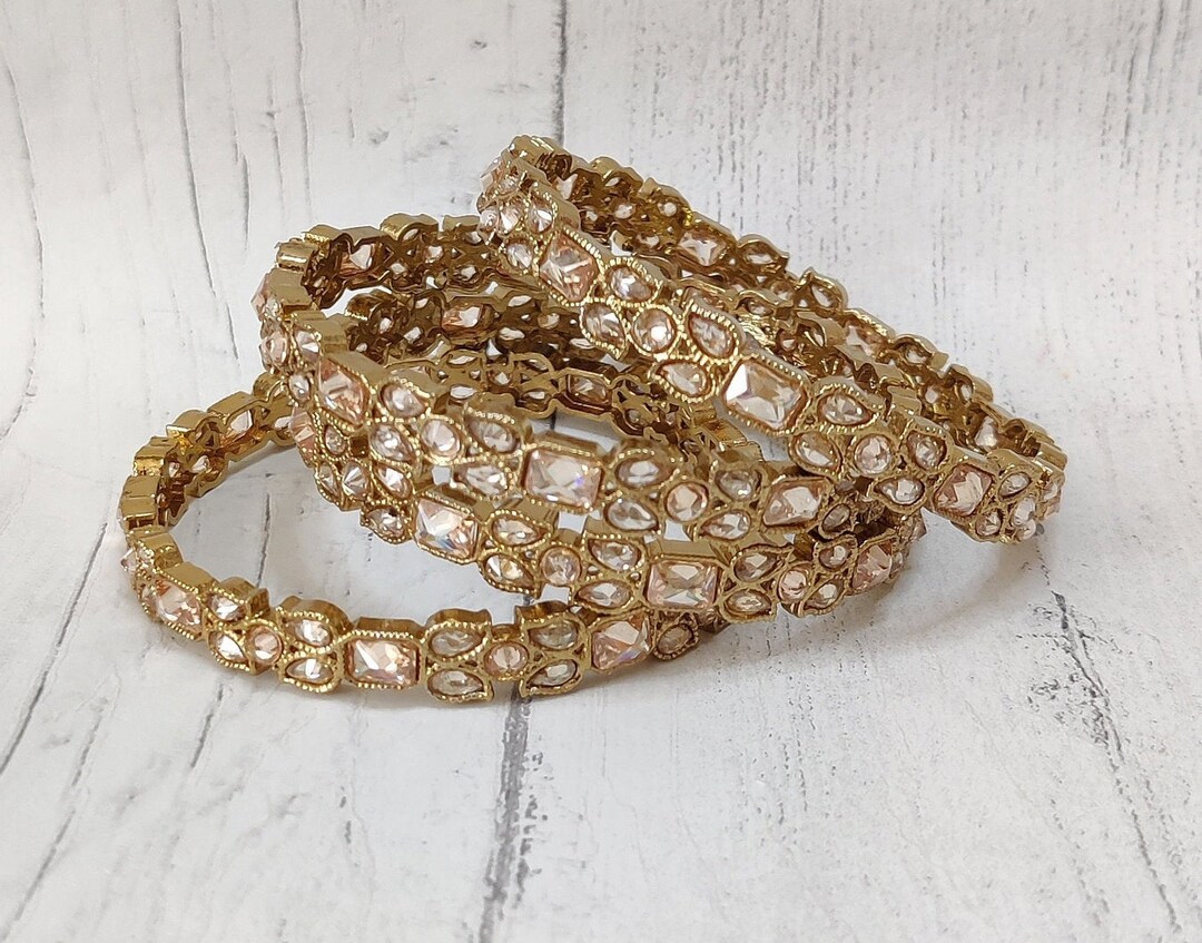 Set of 4 Antique Gold Stone Indian Asian Bangles Churiya Karay Kangan ...