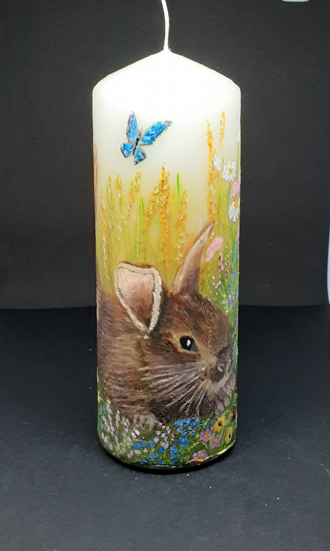 Rabbits in a Wild Flower Meadow Candle .hand Painted Pillar - Etsy