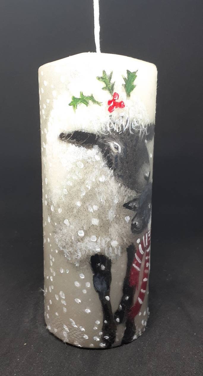 Winter Sheep Candle.hand Painted Candle.unique ,unusual Gift/christmas ...