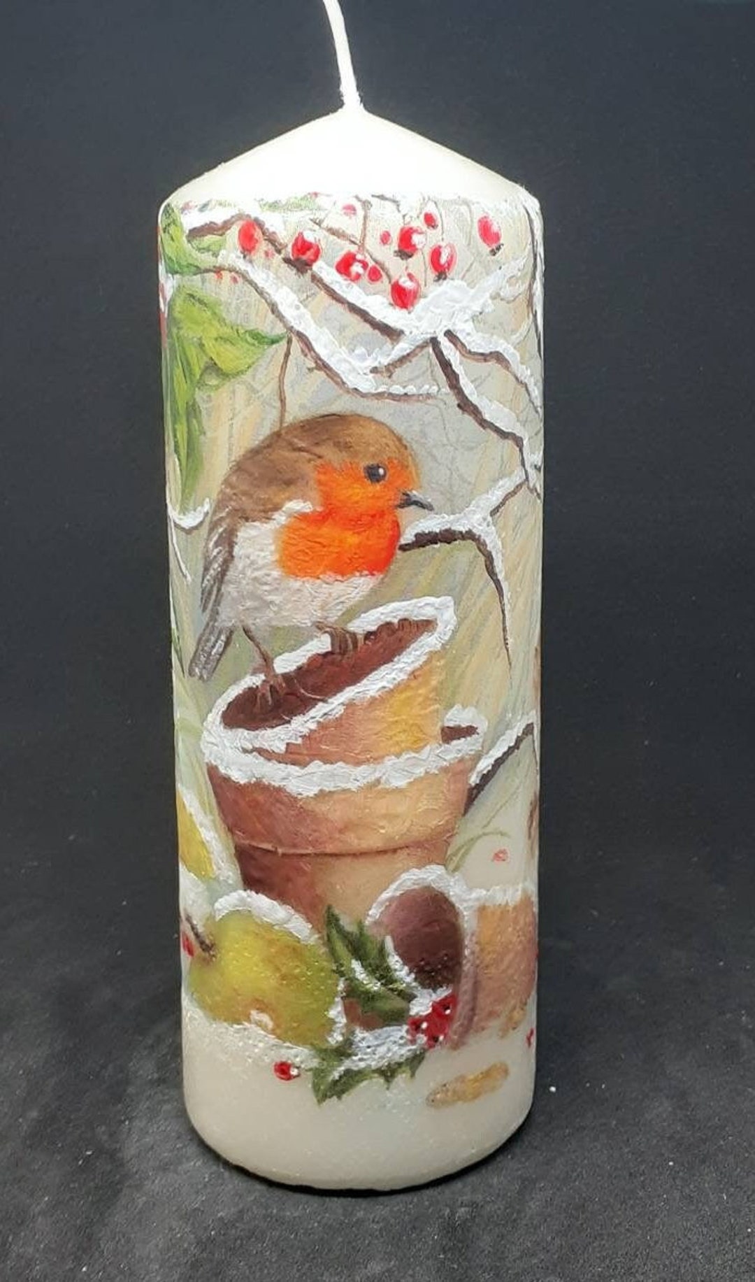 Robin Squirrel Hand Painted Pillar Candle Winter Robin Candle Squirrel ...