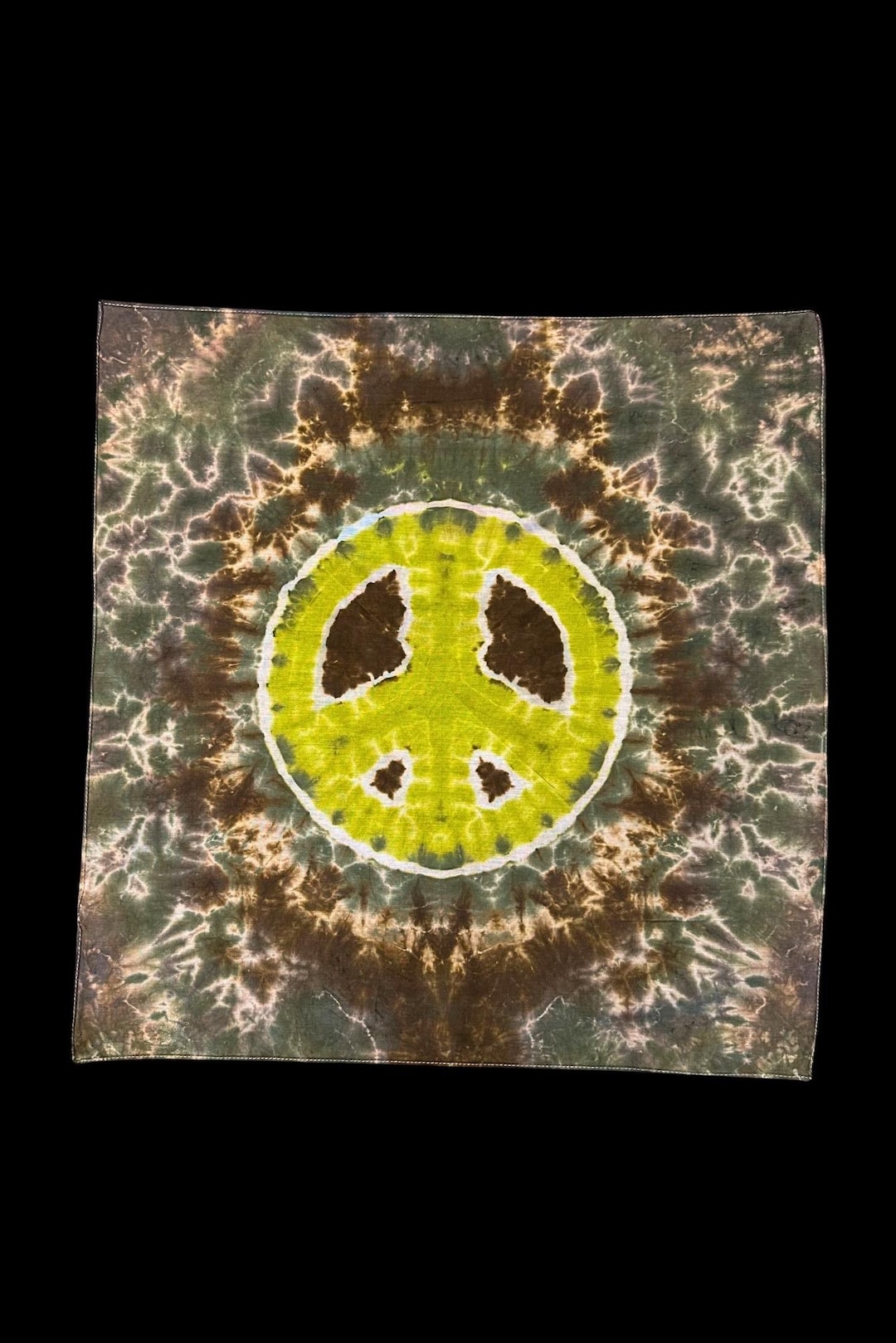 Hand Made Peace Sign Tie Dye Bandana, Earth Toned Green and Brown Peace ...