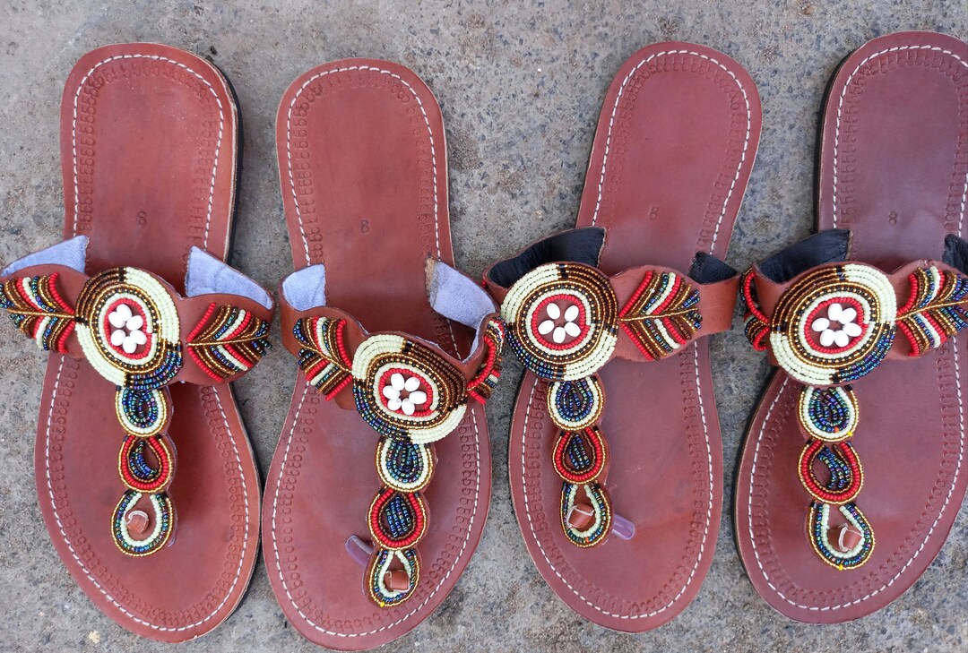 2 PAIRS of Sandals,women Leather Sandals,beaded Sandals,african Sandals ...