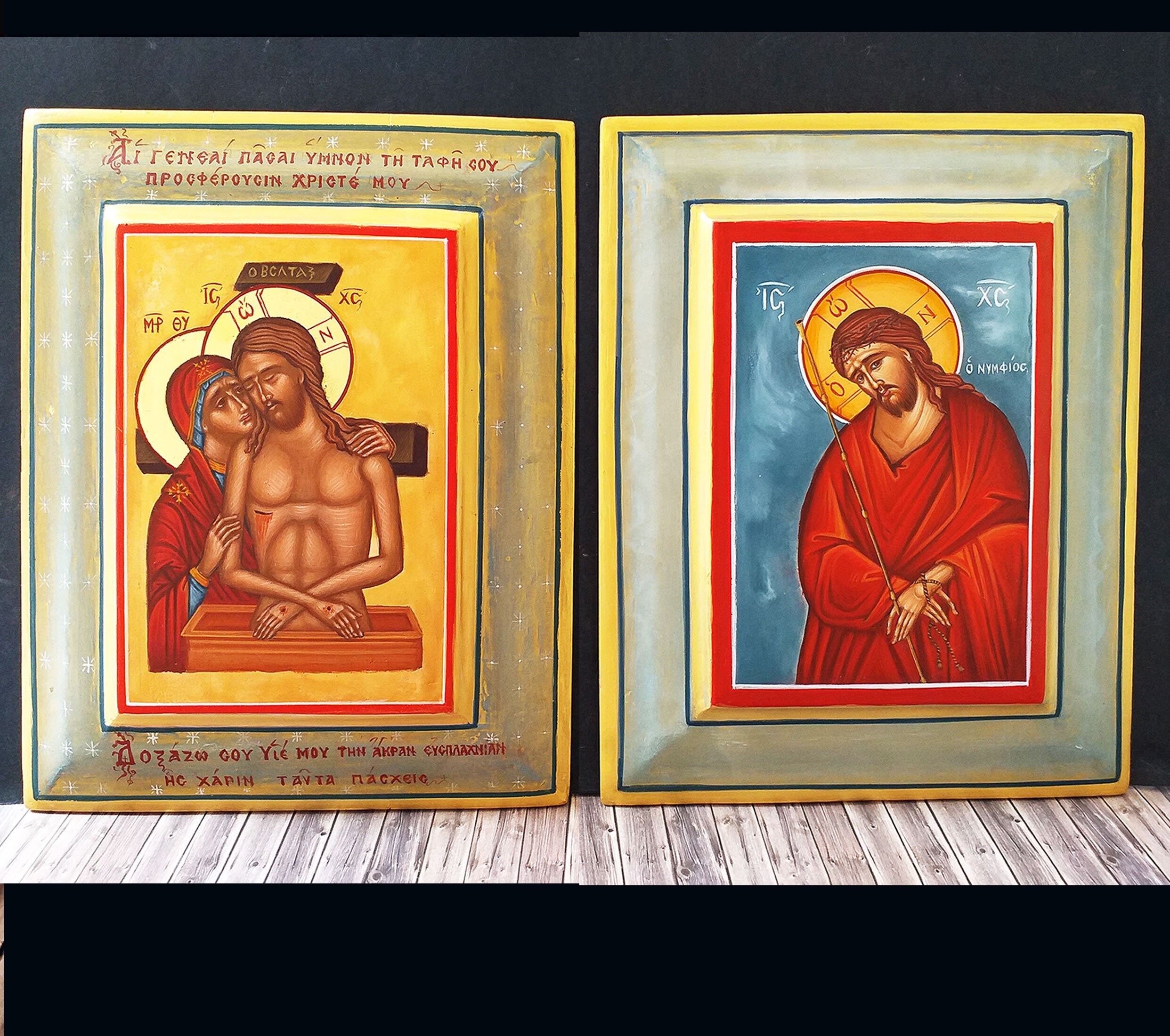 Set of Two Original Greek Byzantine Hand Painted Orthodox Icons, Jesus ...
