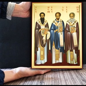 The Three Hierarchs Hand-painted Greek Orthodox Icon, Basil the Great ...