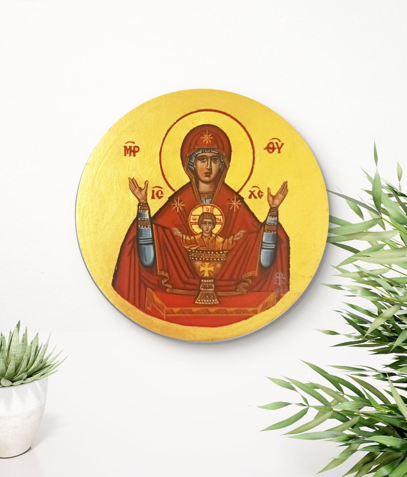 Virgin Mary Icon With Jesus Christ in the Chalice / Small Round Hand ...