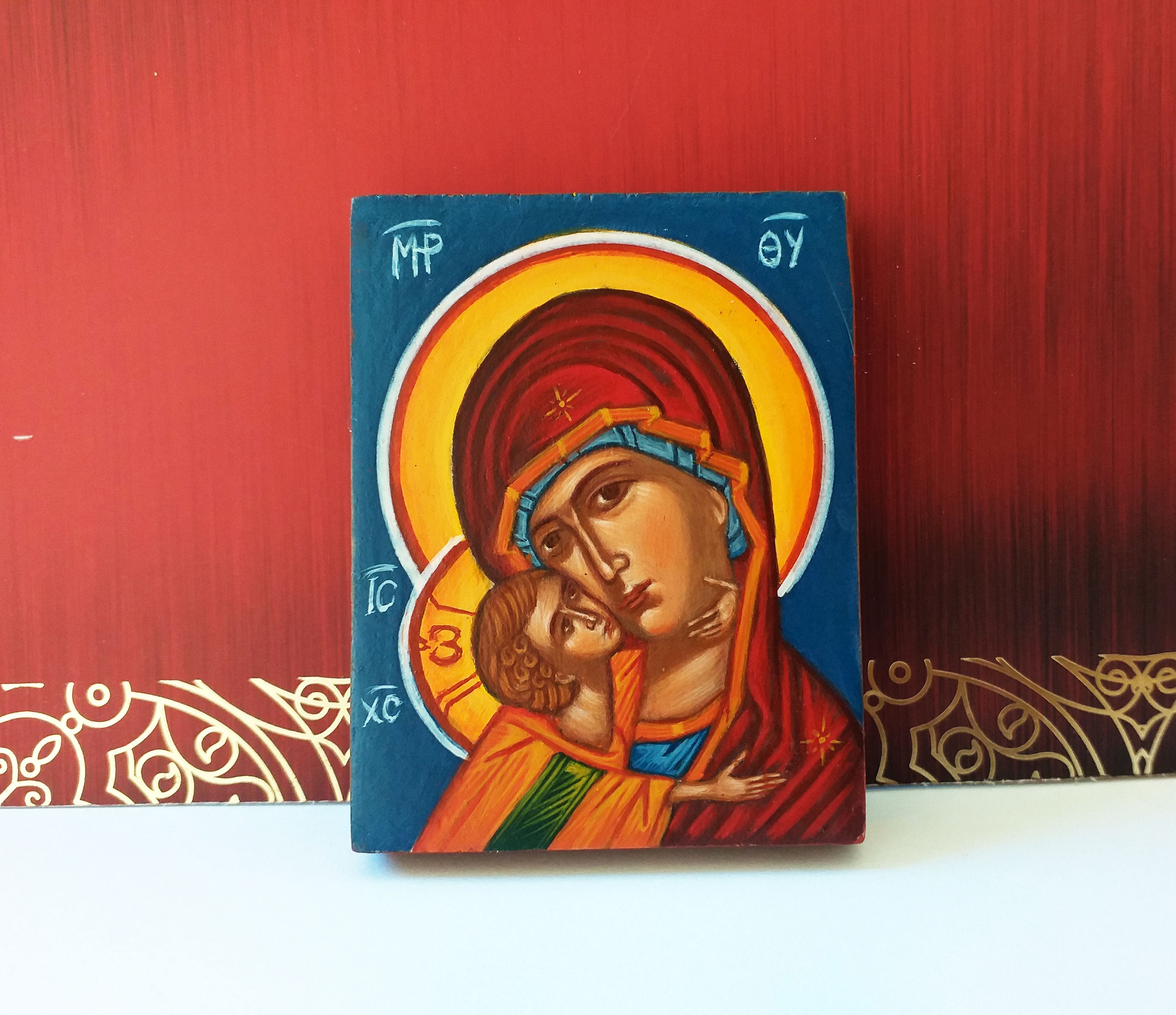 Hand-painted Greek Orthodox Miniature Icon of Virgin Mary & Infant ...