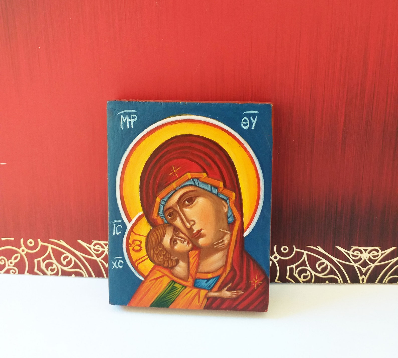 Hand-painted Greek Orthodox Miniature Icon of Virgin Mary & Infant ...