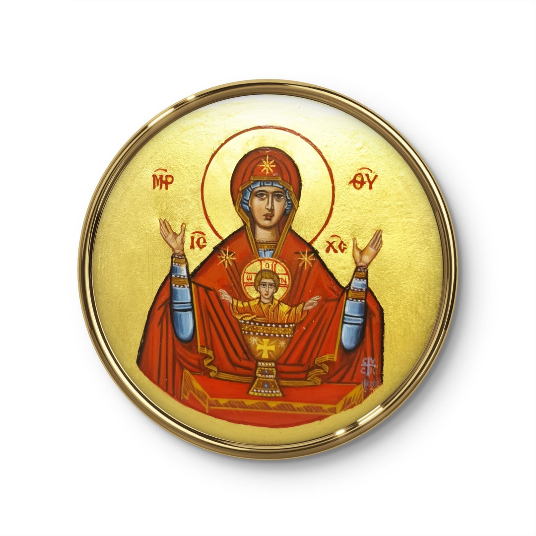 Virgin Mary Icon With Jesus Christ in the Chalice / Small Round Hand ...