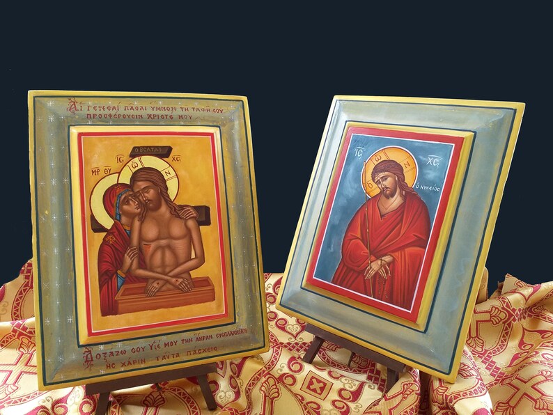Set of Two Original Greek Byzantine Hand Painted Orthodox Icons, Jesus ...