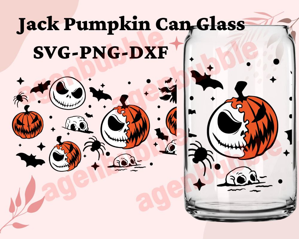 Jack Pumpkin Frosted Can Glass SVG, PNG Wrap • Halloween 16oz Glass Can ...
