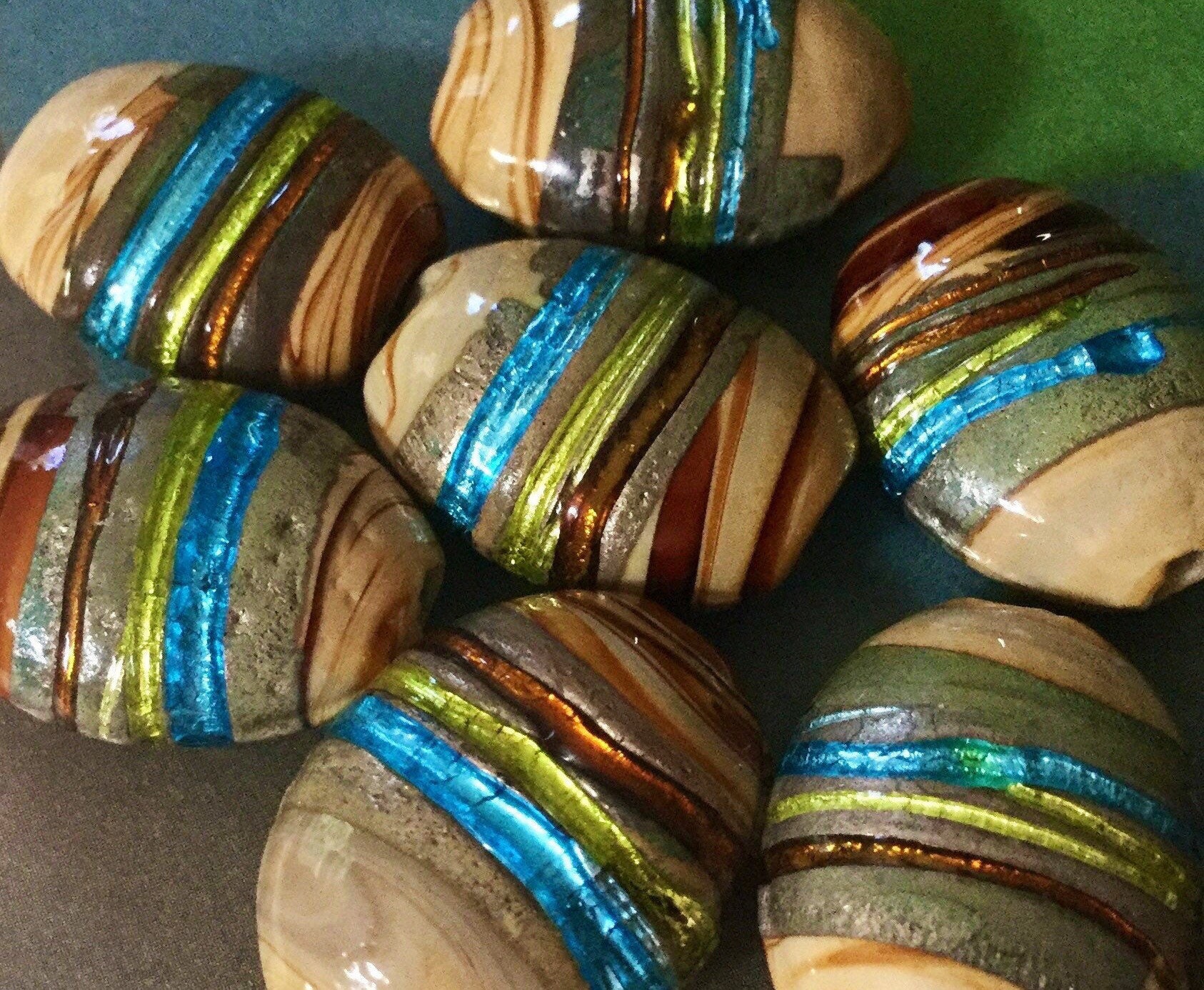 7 Puffed Metallic Striped Glass Beads Oval Beads Focal Etsy