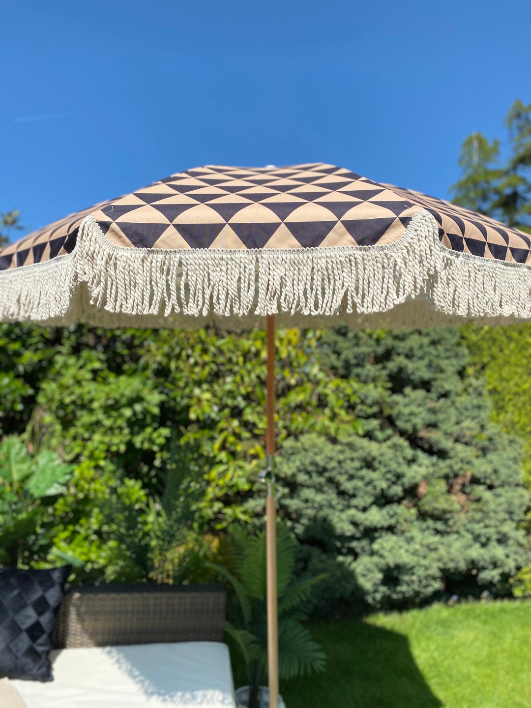 Boho Parasol Umbrella : Beige Brown and Black Triangle Print Sun Garden ...