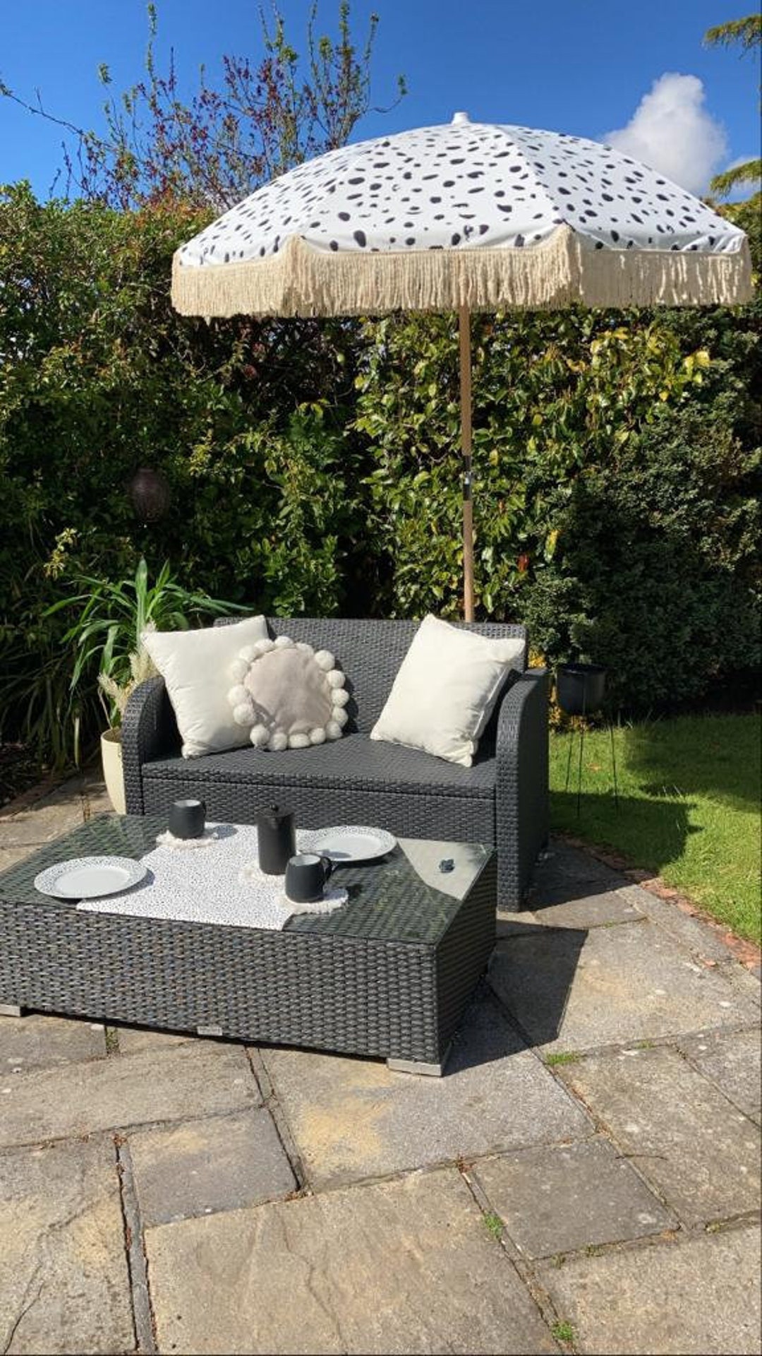 Boho Parasol Umbrella : Dalmation Mono Black and White Print Sun Garden ...