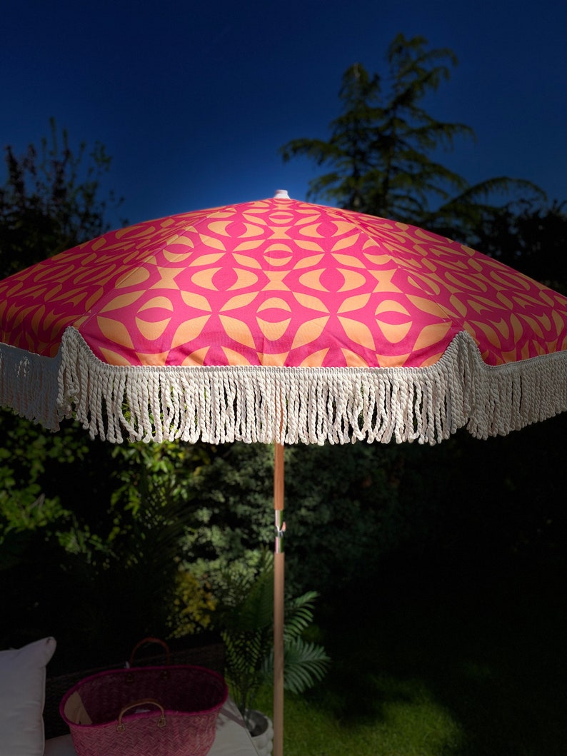 Boho Parasol Umbrella : Bright Pink and Orange Geometric Print Sun ...
