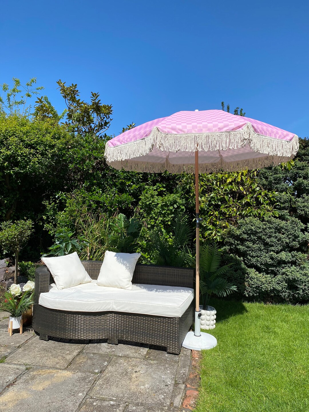 Boho Parasol Umbrella : Pastel Pink and Lilac Check Checkered Print ...