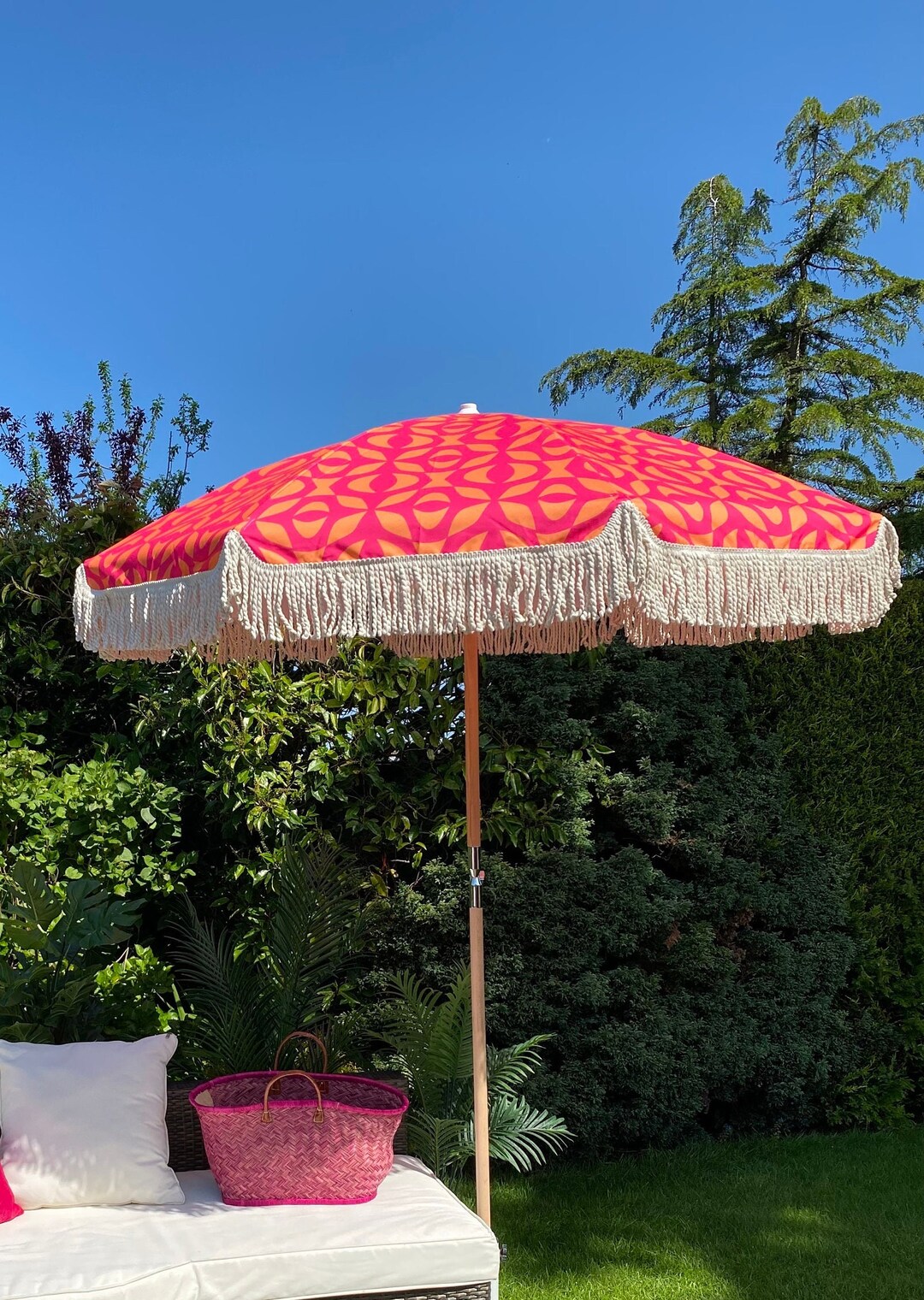 Boho Parasol Umbrella : Bright Pink and Orange Geometric Print Sun ...