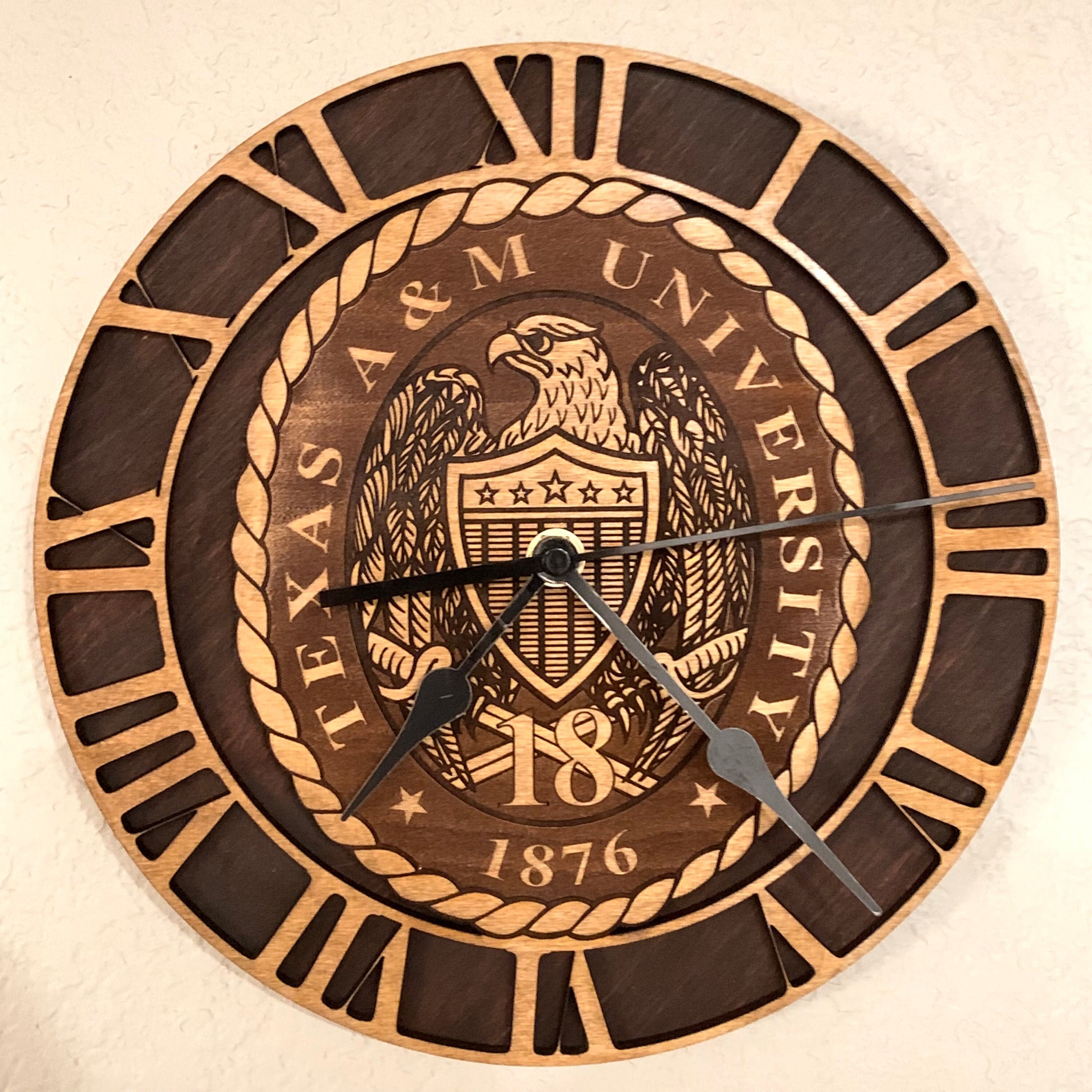 Texas A&M University Wall Clock, Wooden Clock, Aggie Ring Crest, 12th ...