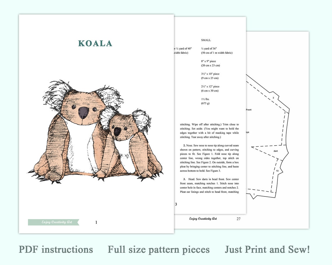 Stuffed Koala Pattern Plush Koala Bear Sewing Pattern PDF Vintage ...