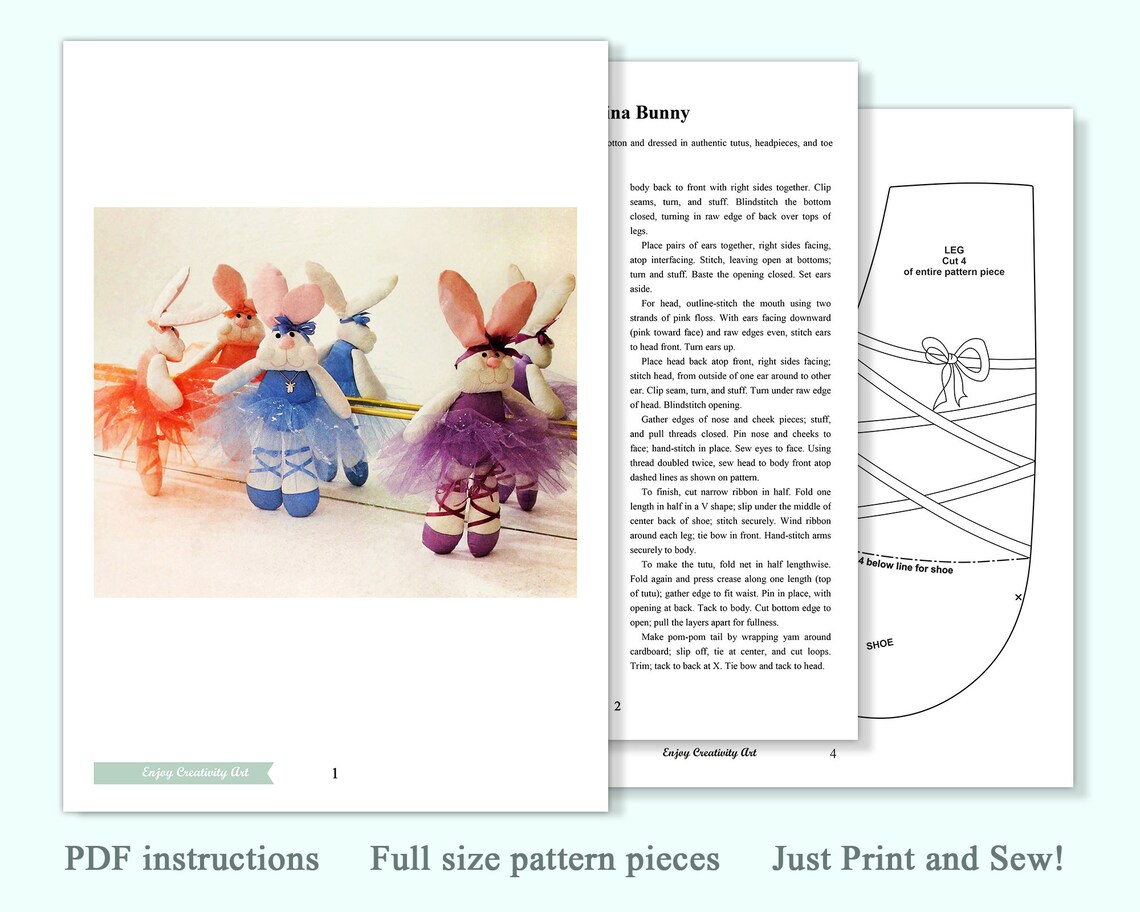 Vintage Ballerina Doll Pattern Stuffed Bunny Plush Ballerina Rag Doll ...