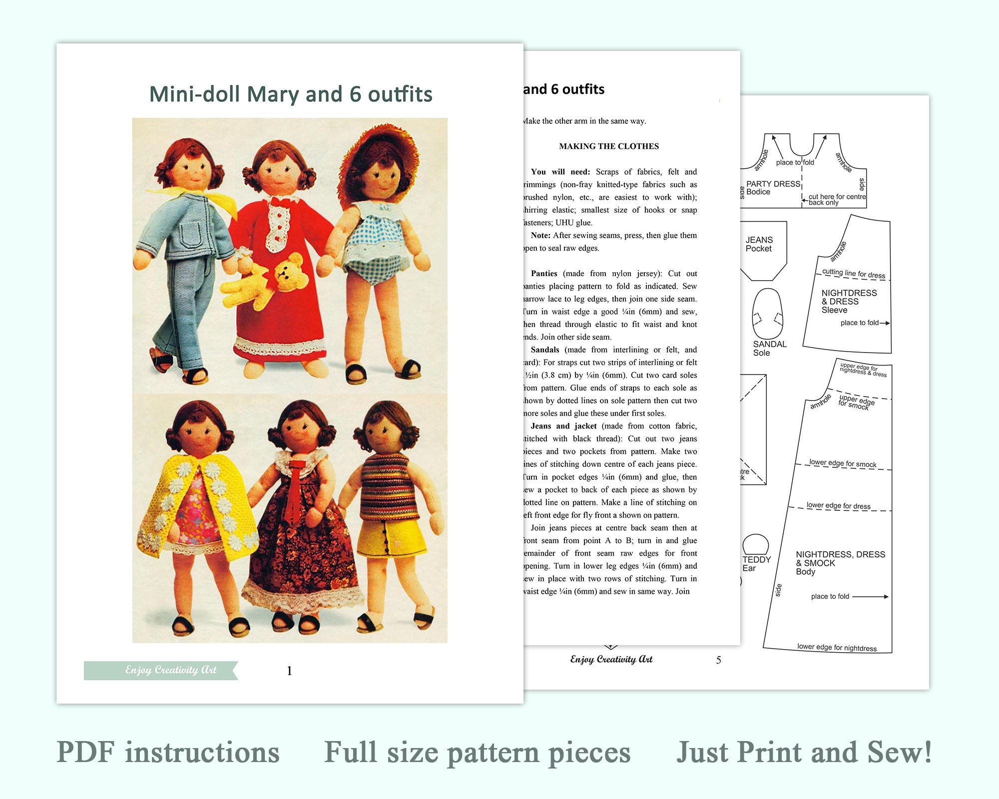 Vintage Cloth Doll Sewing Pattern Tiny Rag Doll Pattern and 6 Outfits ...