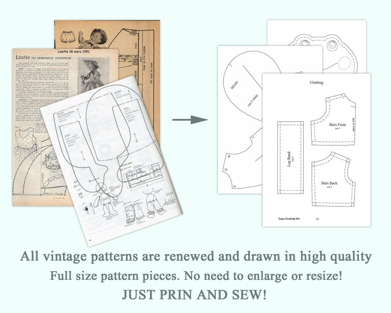 Vintage Cloth Doll Sewing Pattern Tiny Rag Doll Pattern and 6 Outfits ...