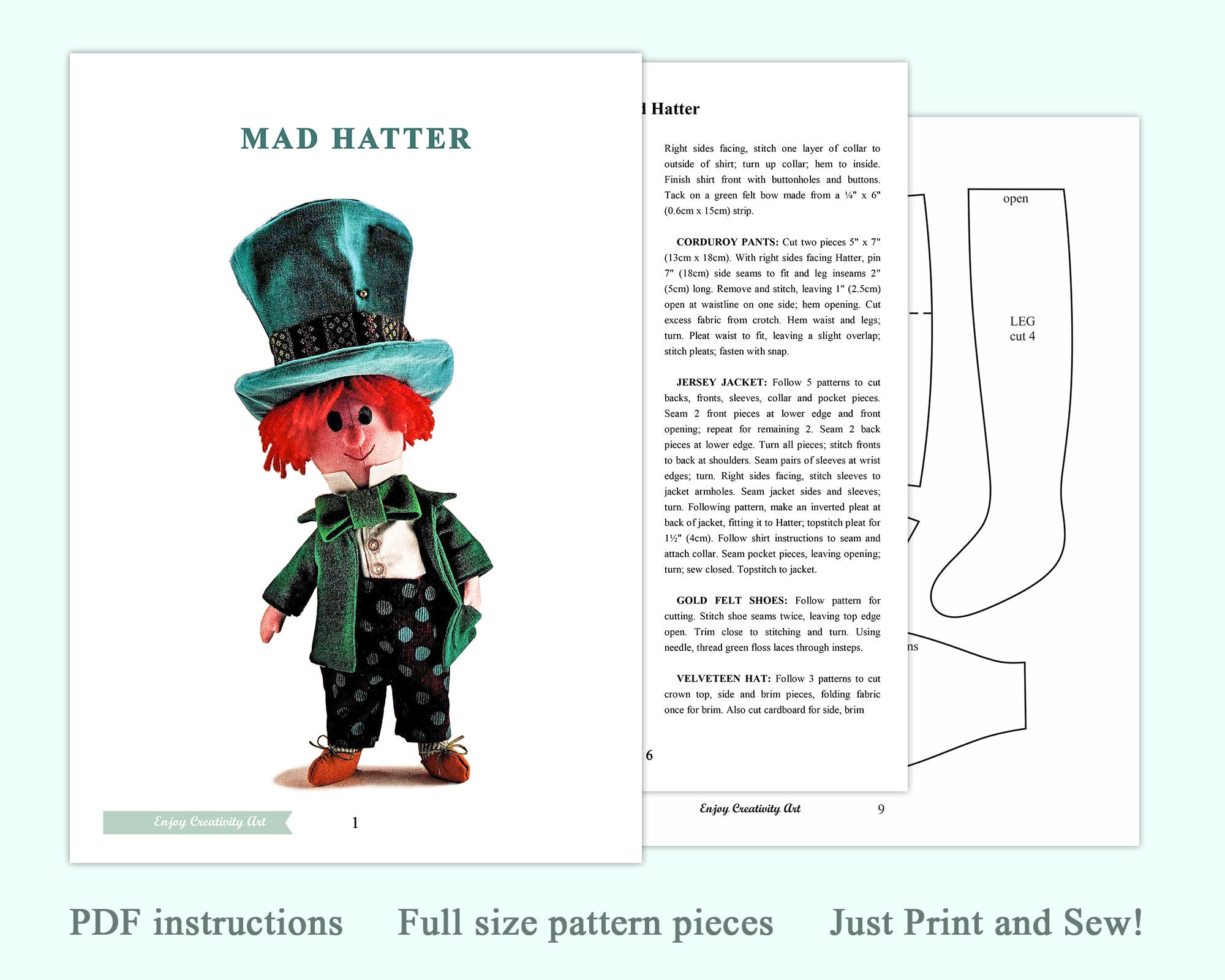 Mad Hatter Doll Pattern Vintage Cloth Doll PDF Alice in Wonderland Doll ...
