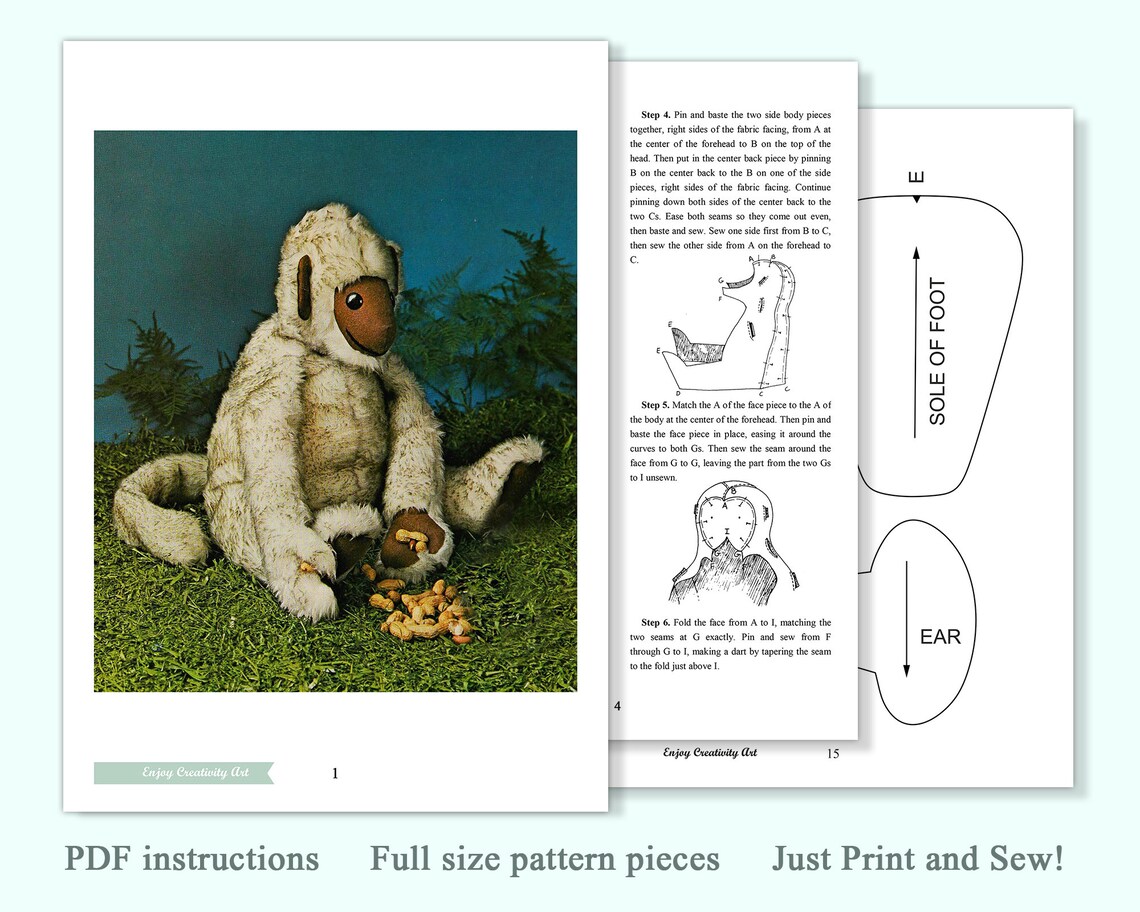 Vintage Stuffed Monkey Pattern Plush Monkey Sewing Pattern Plushie ...