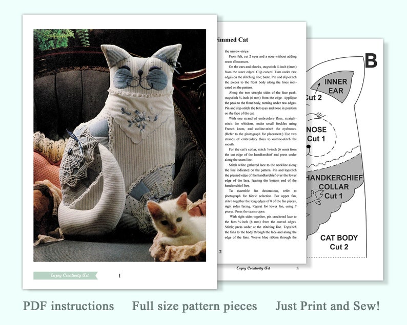 Stuffed Cat Sewing Pattern Vintage Quilt Cat Pillow Pattern PDF - Etsy