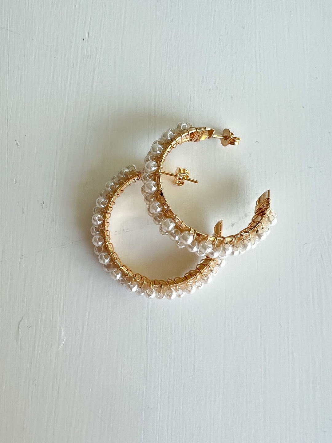 18k Gold Filled Pearl Hoops| Thick Gold Hoops| Pearl Gold Pearls| Wire ...