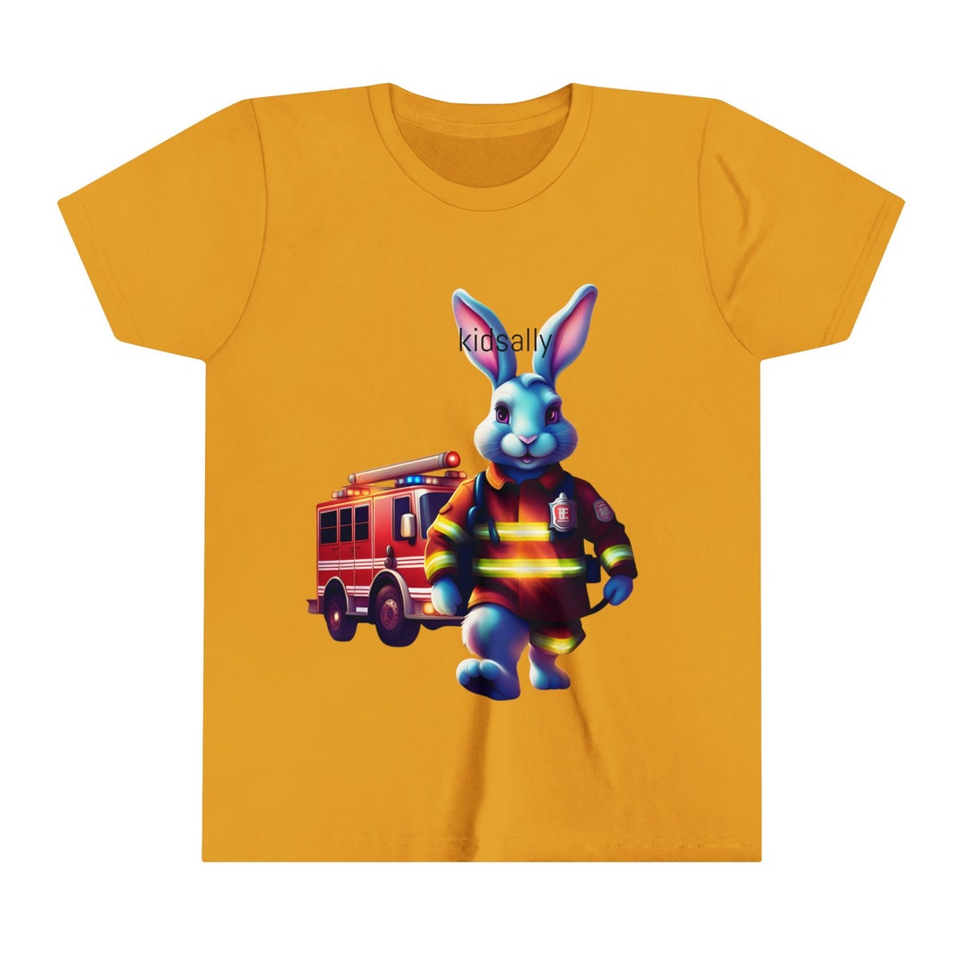 Kids Funny Firefighter Easter Bunny Shirt With Fire Truck | Youth Short ...