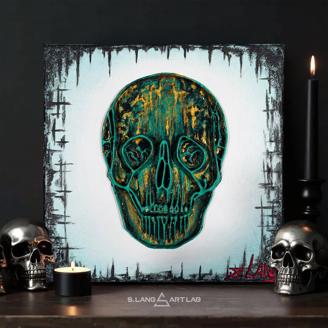Green Skull Sculpture Painting, Human Skull Wall Art, Dimensional Good ...