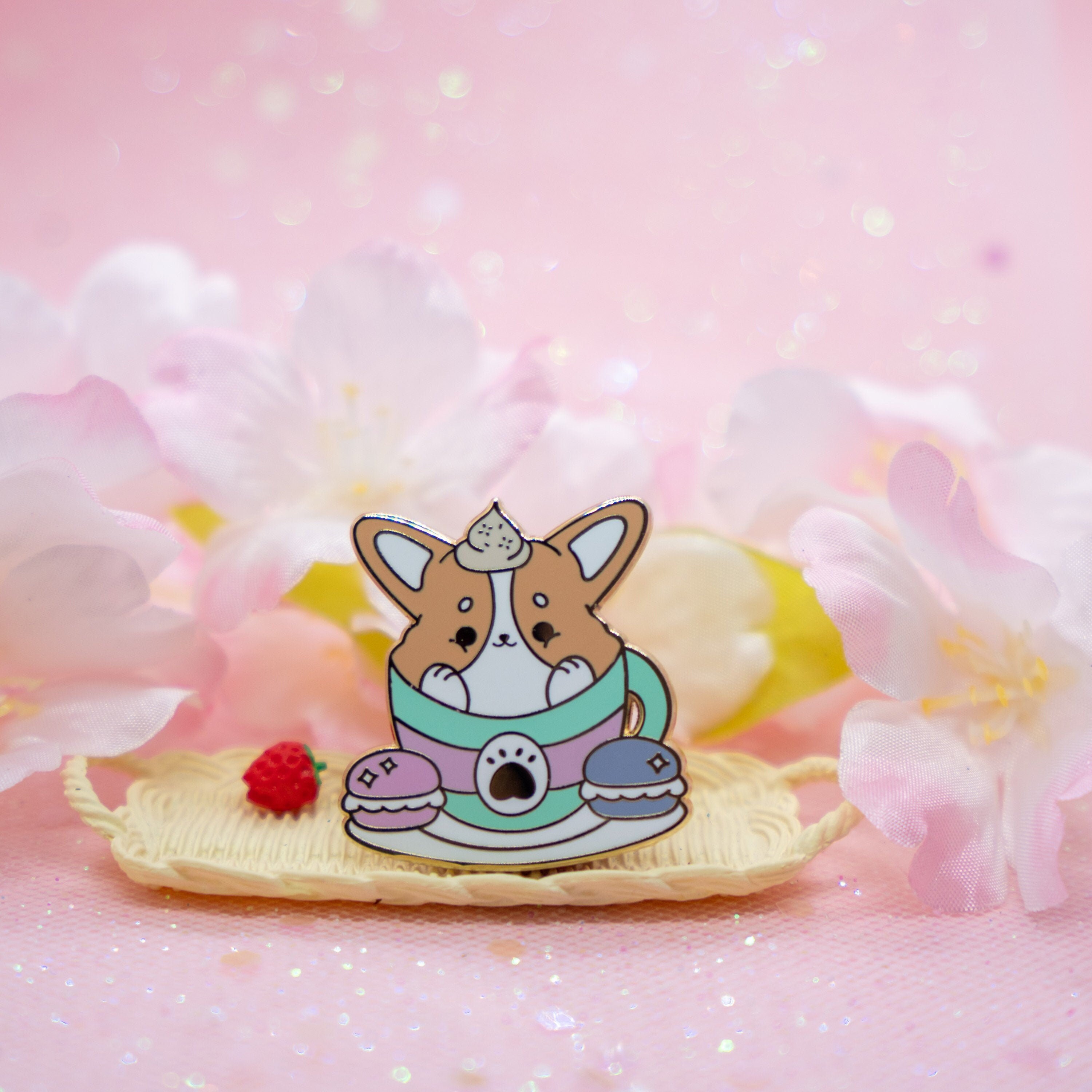 Cute Corgi enamel pin-Tea and Macaroon Enamel Pin Kawaii | Etsy