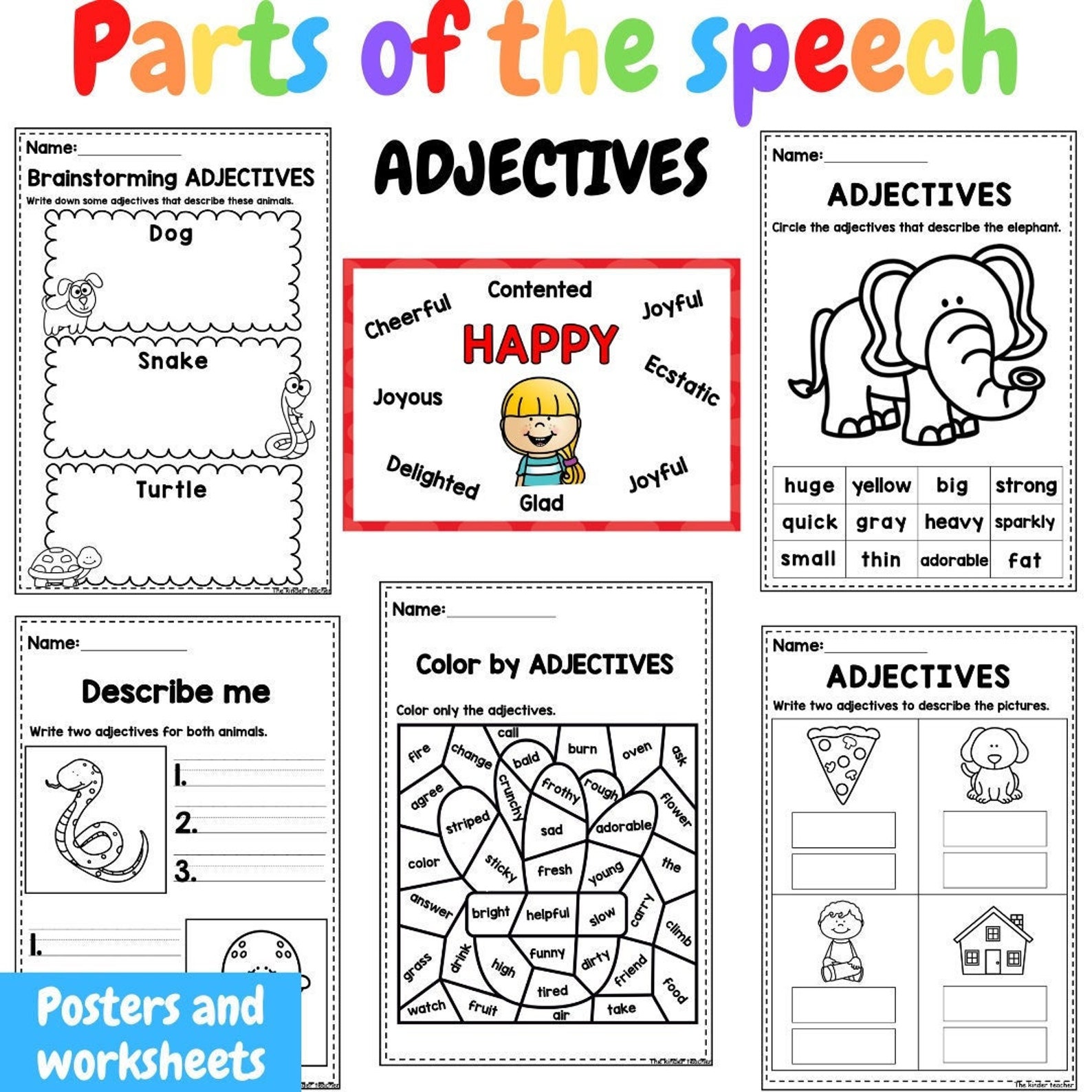 Parts of the Speech - ADJECTIVES - Posters and Worksheets - Etsy